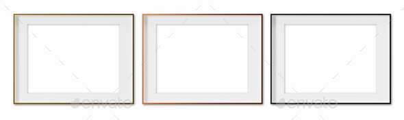 Set of horizontal picture frames, isolated on white background. Golden, copper and black frames ...